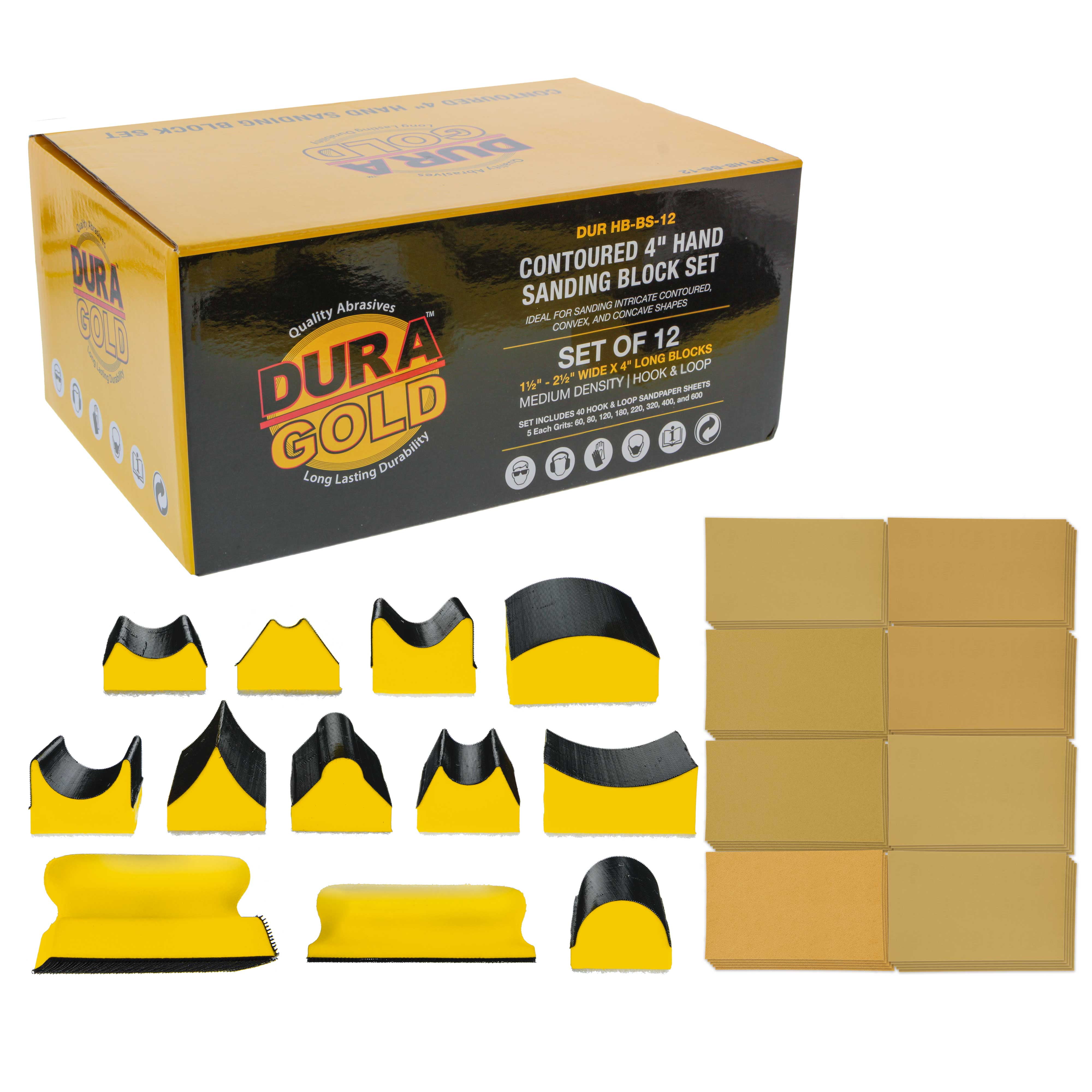 Dura-Gold 12-Piece Contoured Profile 4" Hand Sanding Block Set with 40 ...