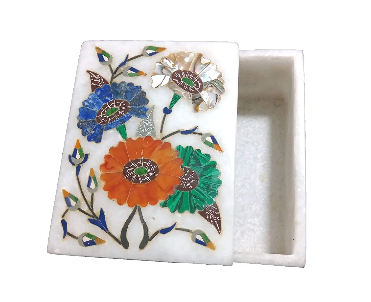 Marble Box Vintage Semi Precious Inlya Floral Stone Inlaid Jewelry Box ...