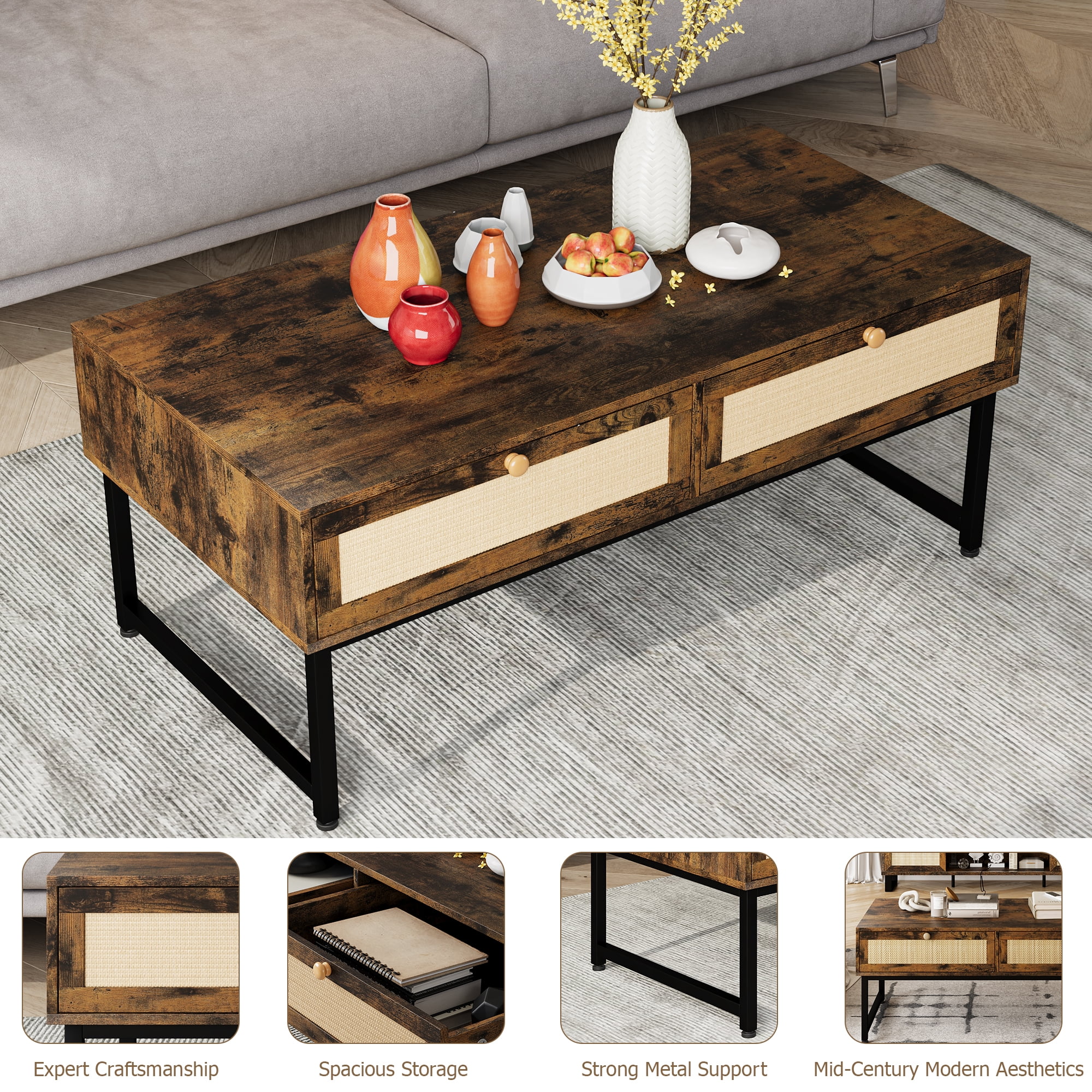 Leeten 46" Rattan Coffee Table with Metal Frame, Center Rectangular ...