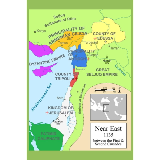 24x36 gallery poster, Map of Levant in 1135, with Crusader states ...