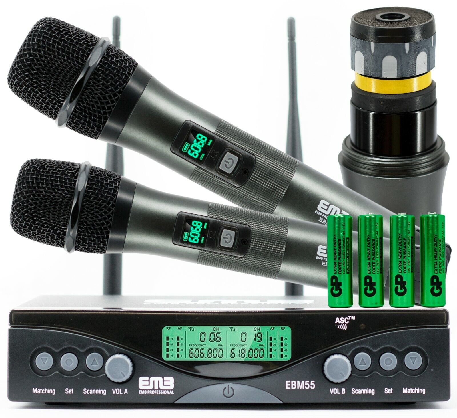 EMB EBM55 Dual UHF Wireless Handheld Microphone System w/ Rechargeable ...