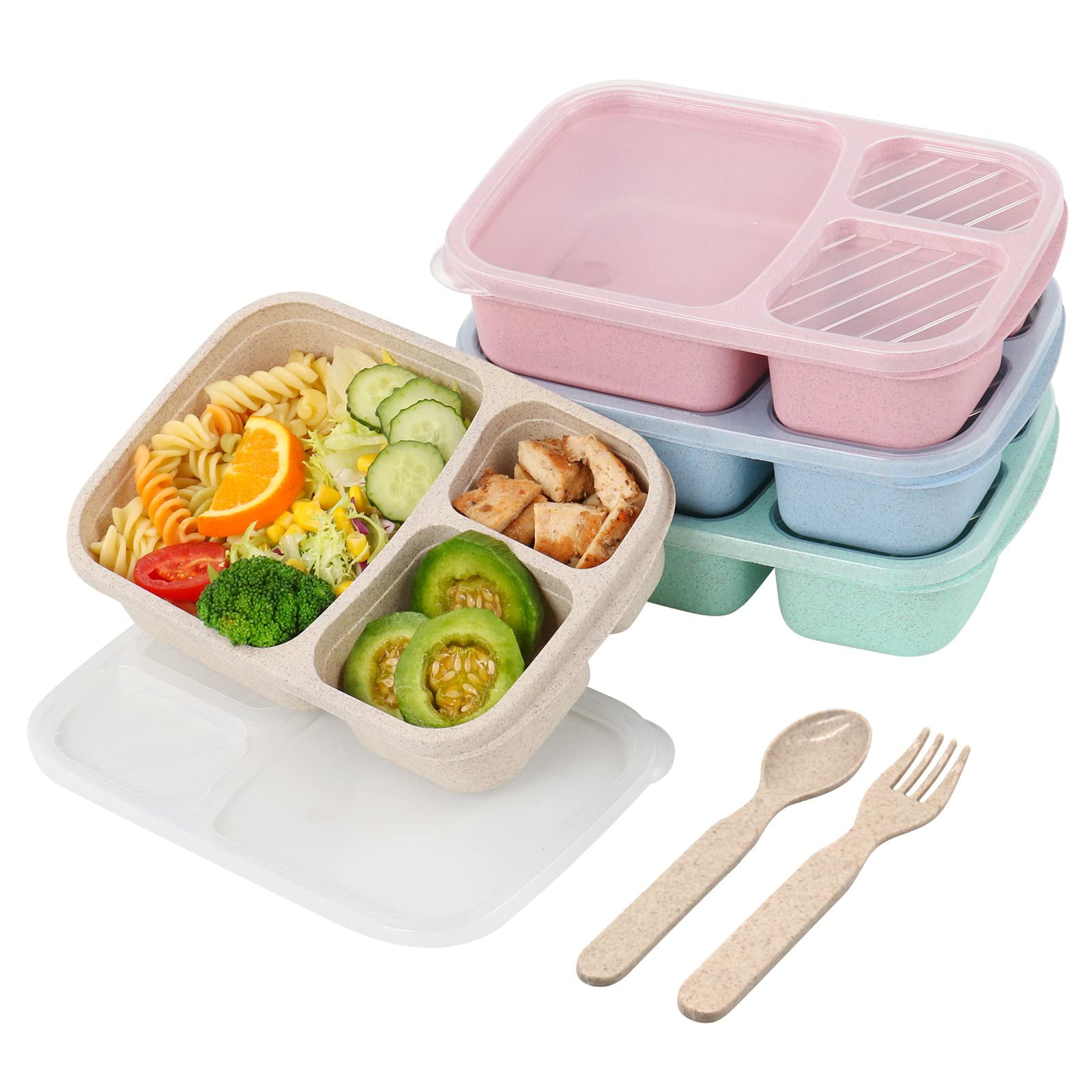 PUiKUS 4 Pack Bento Lunch Box, 3 Compartment Meal Prep Containers ...