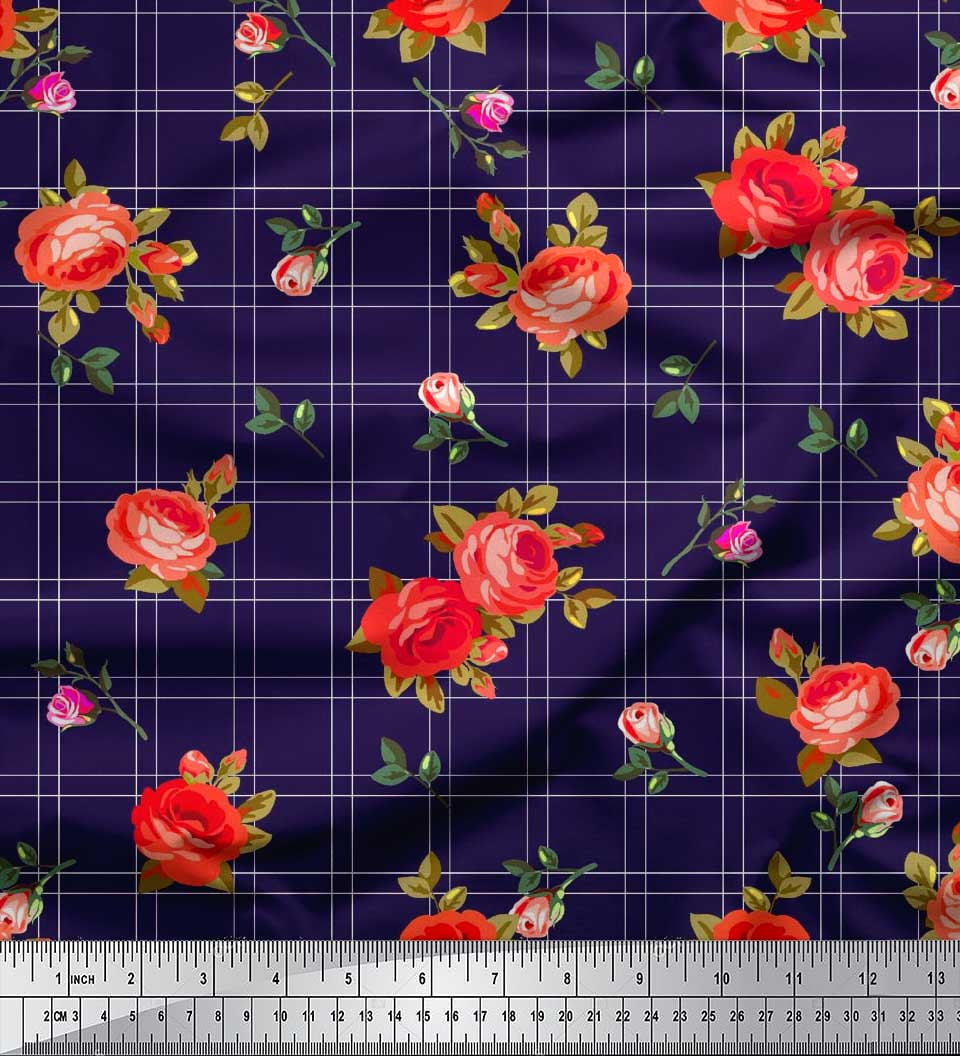 Soimoi Viscose Chiffon Fabric Check,Leaves & Rose Flower Print Fabric ...