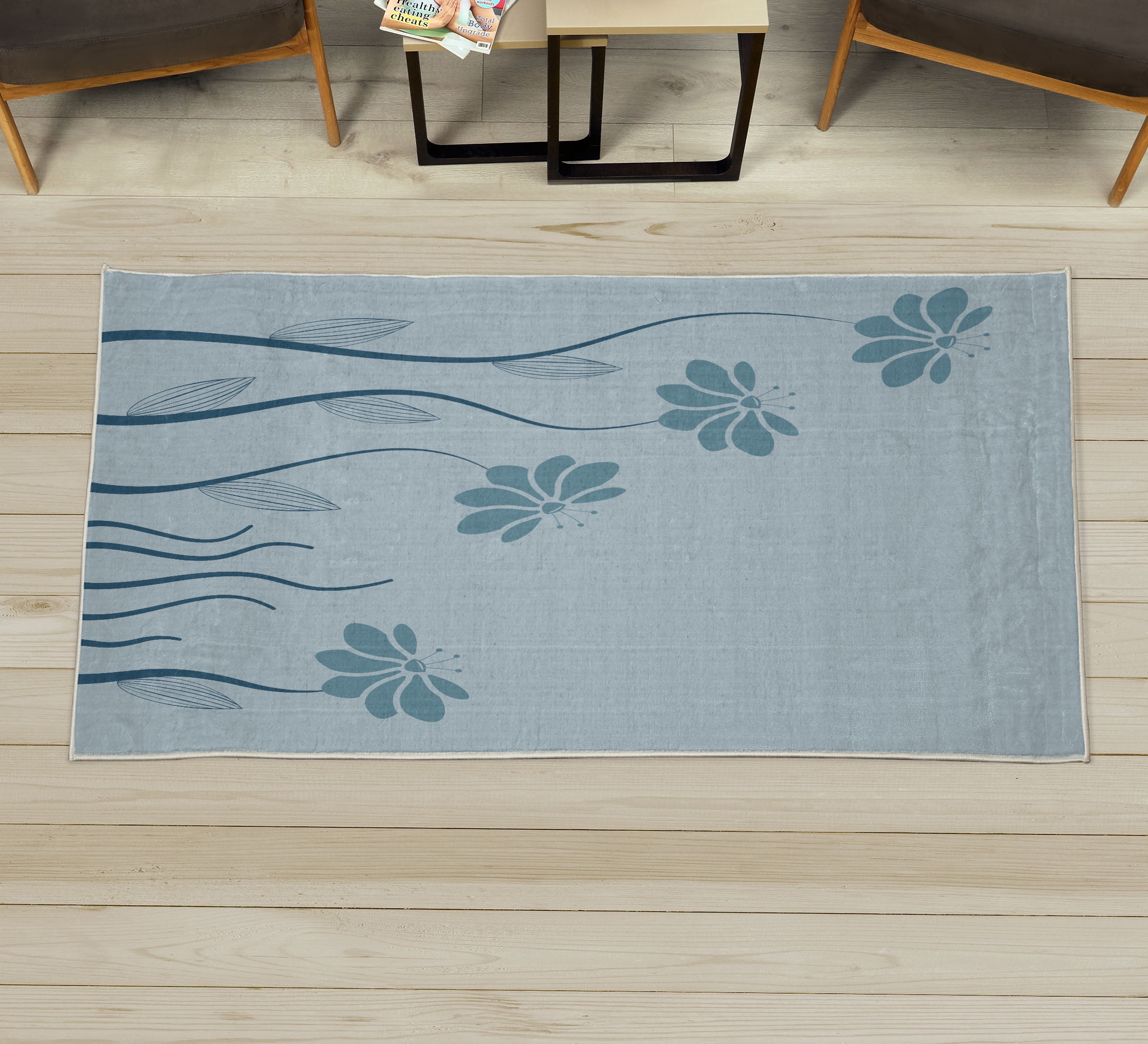Flower Decorative Rug, Floral Petals with Striped Leaves and Lines ...