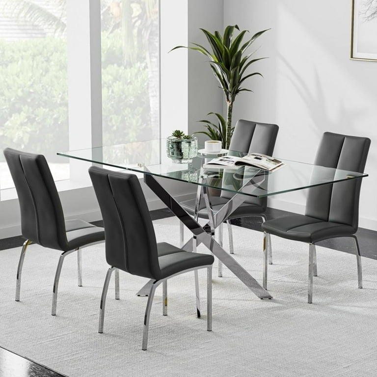 NIERN 47.2 Inch Rectangular Glass Dining Table with Tempered Glass Top and Chromed Cross Metal Legs for Home Office Silver
