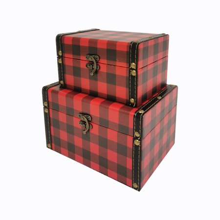 Set Of 2 Black & Red Buffalo Check Wood Decorative Storage Boxes ...