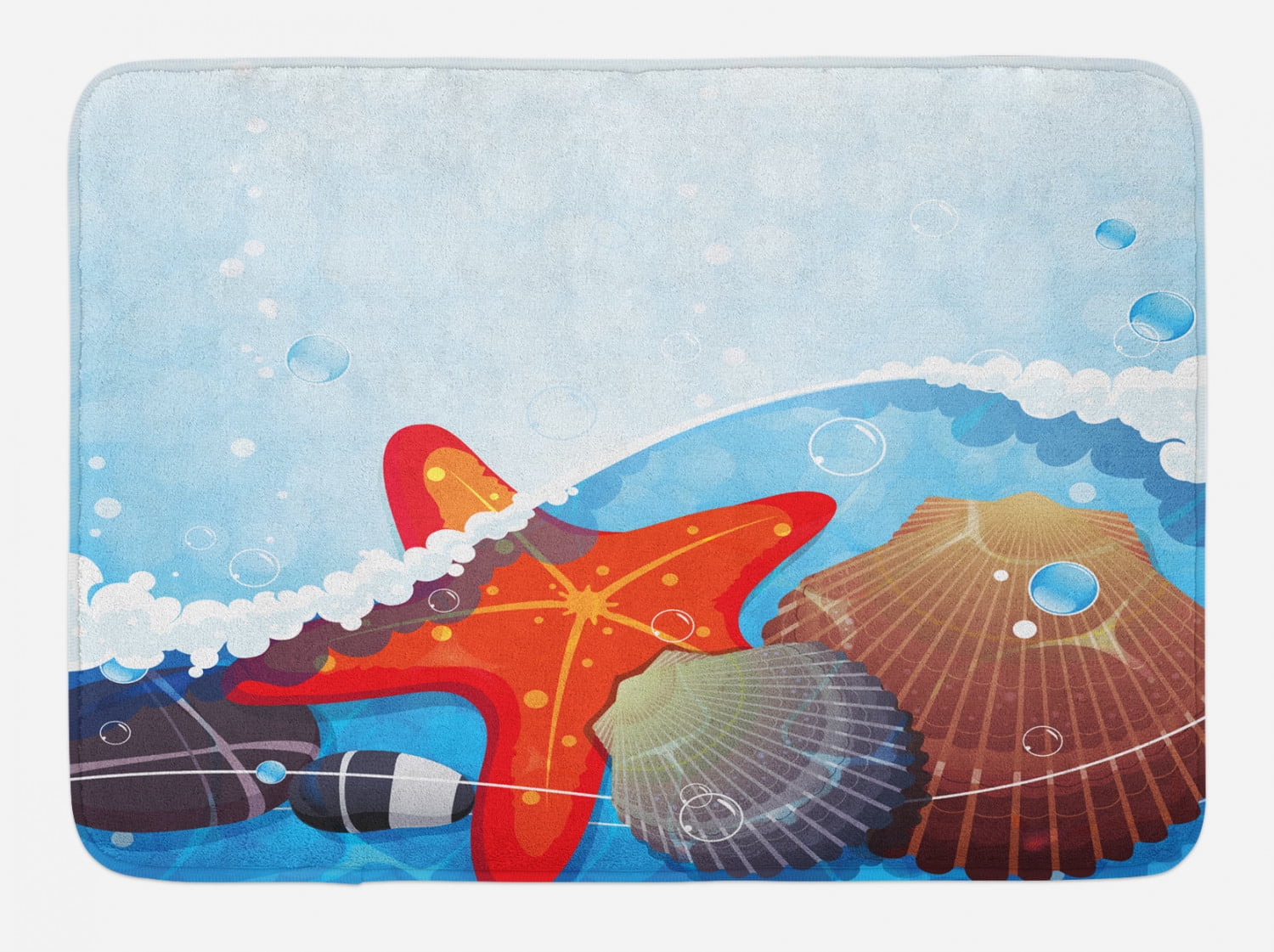 Starfish Bath Mat, Foaming Ocean Waves Graphic with Scallops and ...
