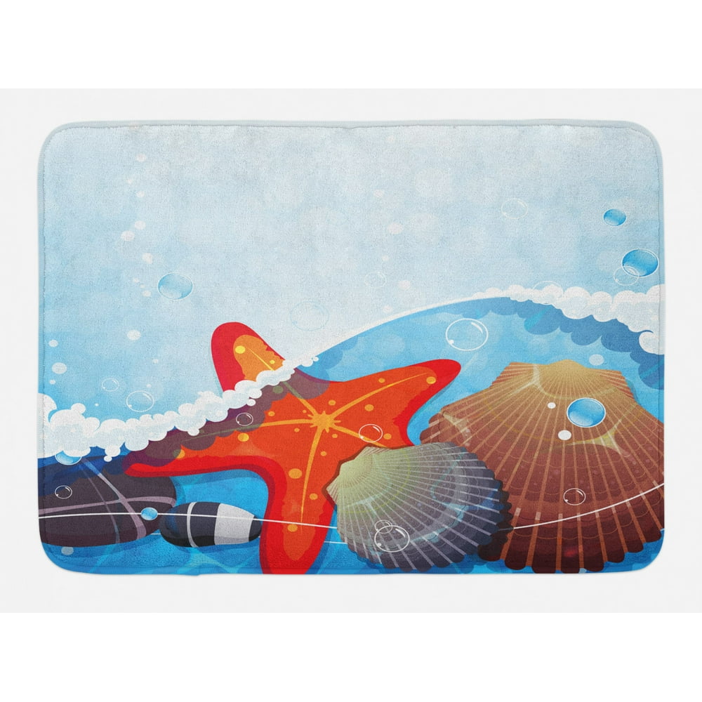 Starfish Bath Mat, Foaming Ocean Waves Graphic with Scallops and ...