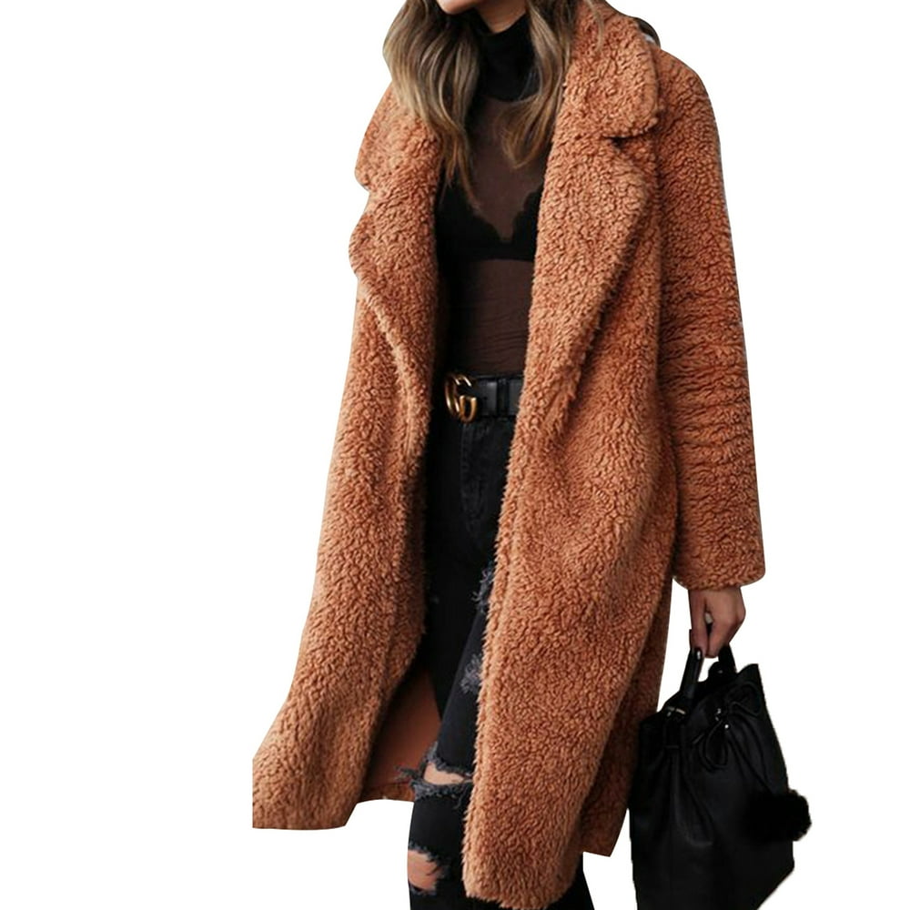 Lioraitiin Womens Teddy Bear Long Pocket Fluffy Coat Fleece Fur