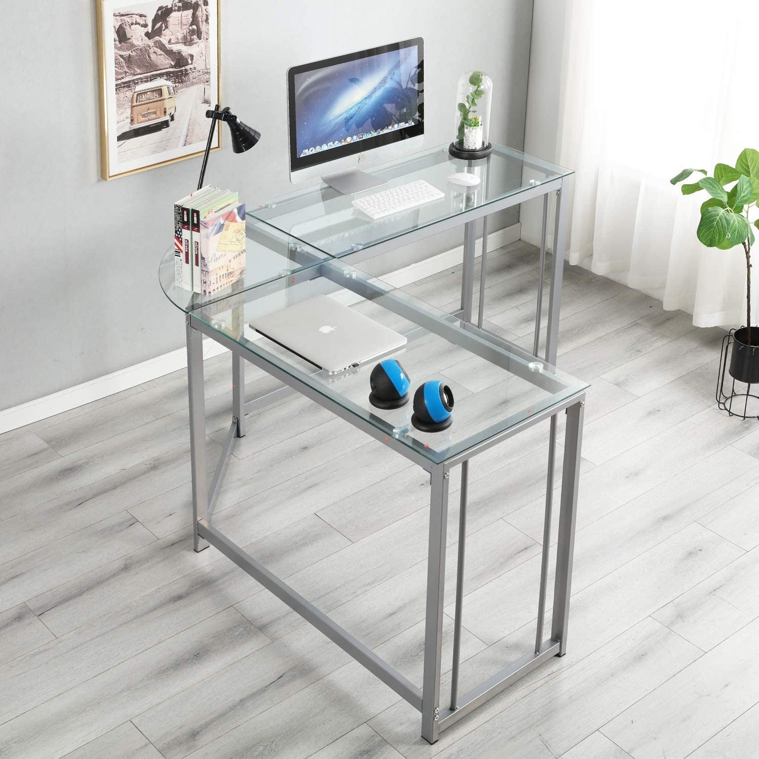 SOGES 59 inches L-Shaped Desk with Tempered Glass Computer Desk L Glass ...