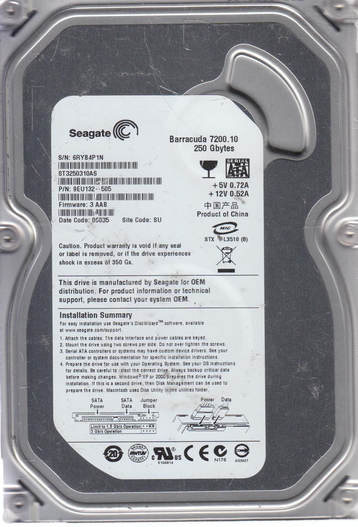 ST3250310AS, 6RY, SU, PN 9EU132-505, FW 3.AAB, Seagate 250GB SATA 3.5 Hard Drive - Walmart.com