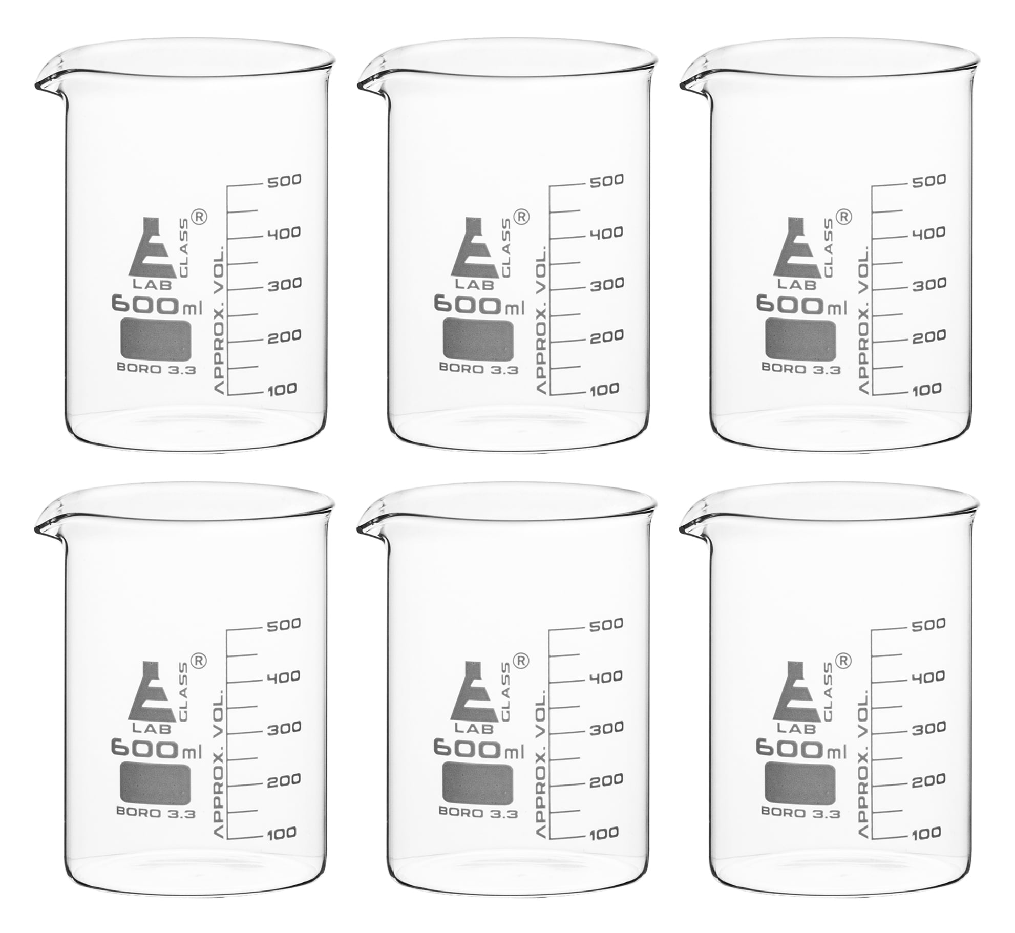 6PK Beakers, 600ml - Low Form with Spout - White, 50ml Graduations ...
