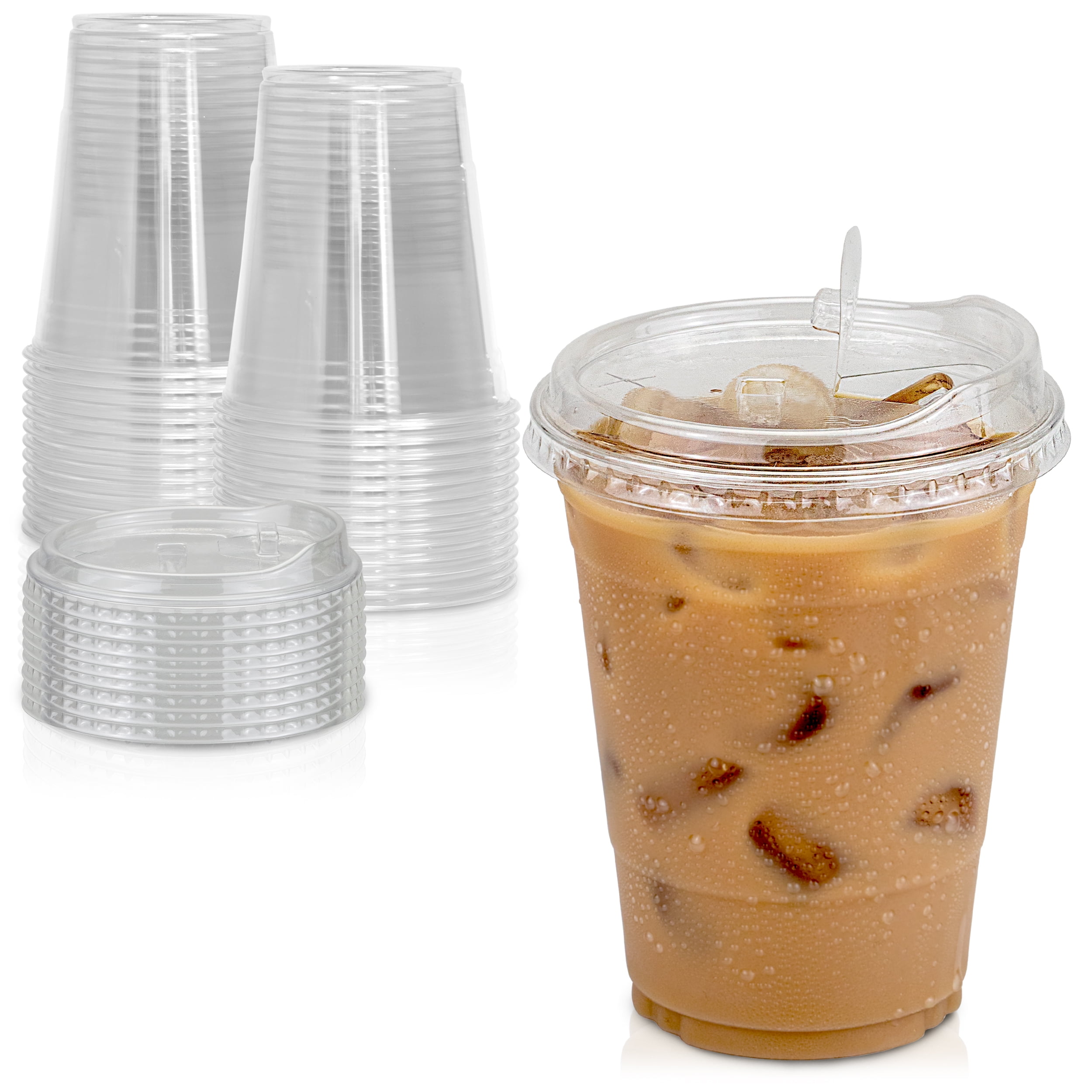  100 Pack Disposable Strawless Plastic Cups With Lids 16 Oz Clear