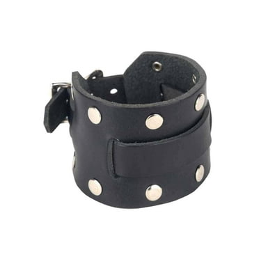Genuine Black Leather Wide Cuff Wristband Watch Strap with Three ...