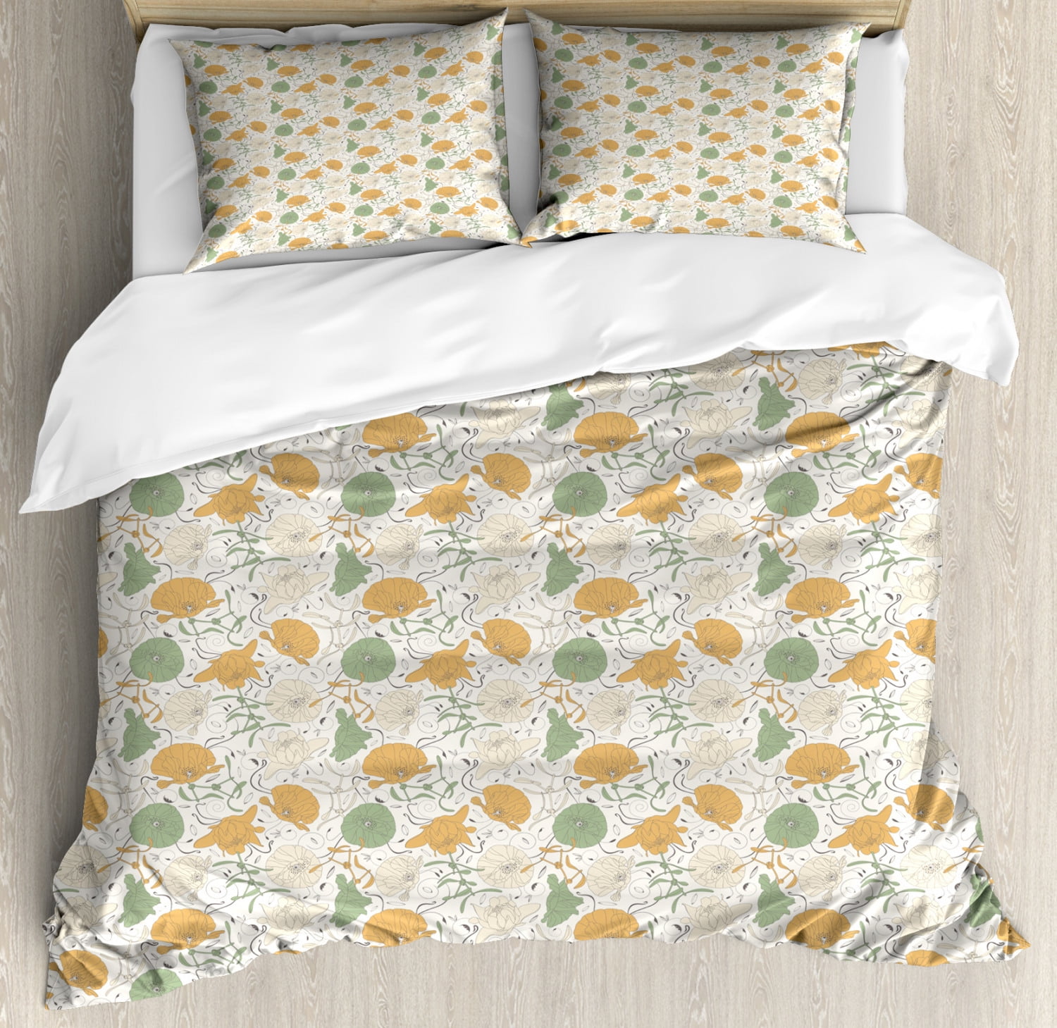 Floral Duvet Cover Set King Size, Curlicue Graceful Flowers Drawing on ...
