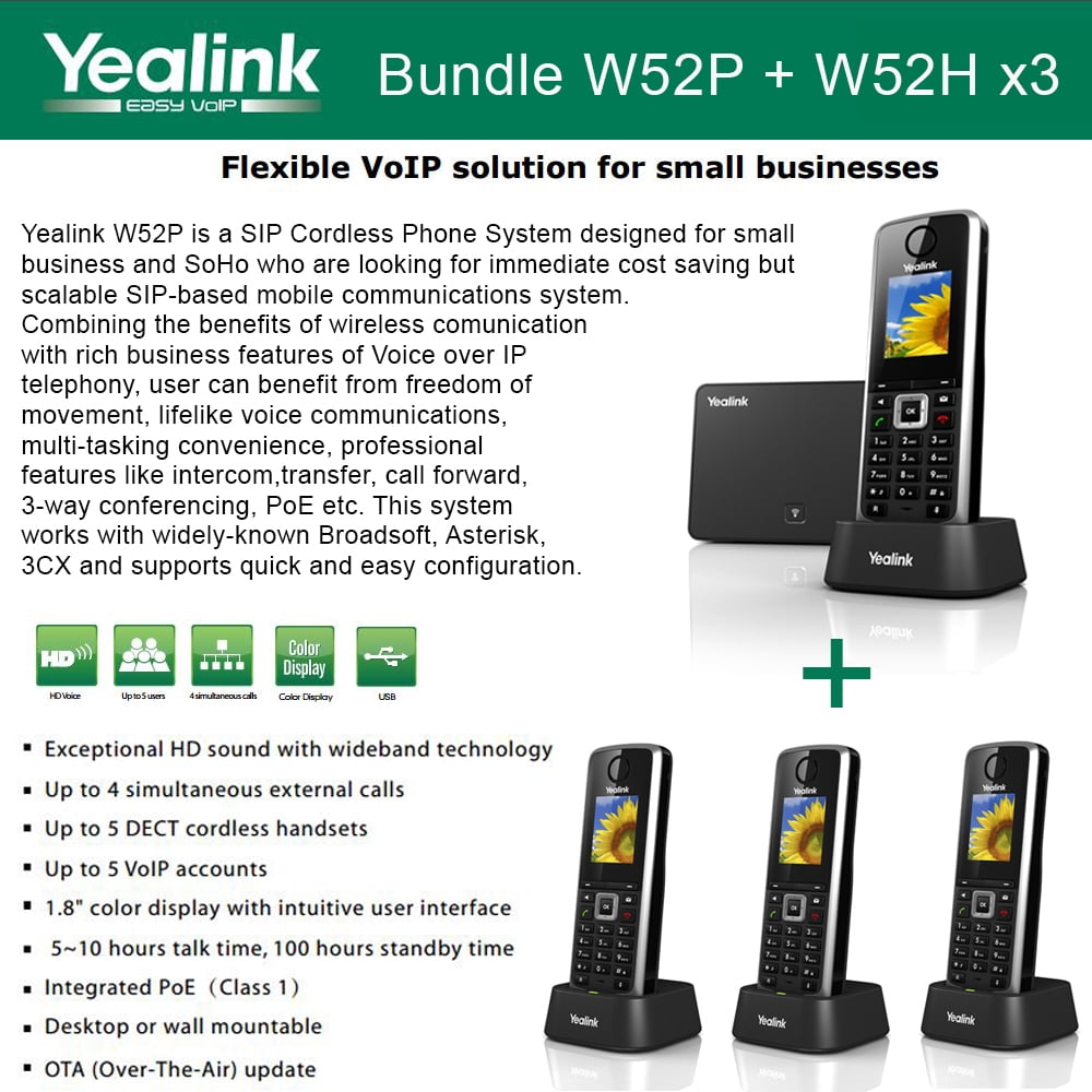 Yealink W52P + W52H X3 Cordless VoIP Phone PoE HD Voice and Base Unit ...