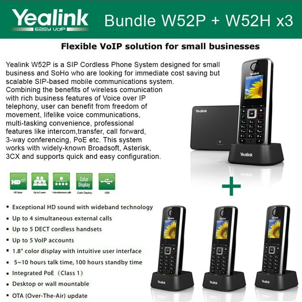 Yealink W52P + W52H X3 Cordless VoIP Phone PoE HD Voice and Base Unit ...