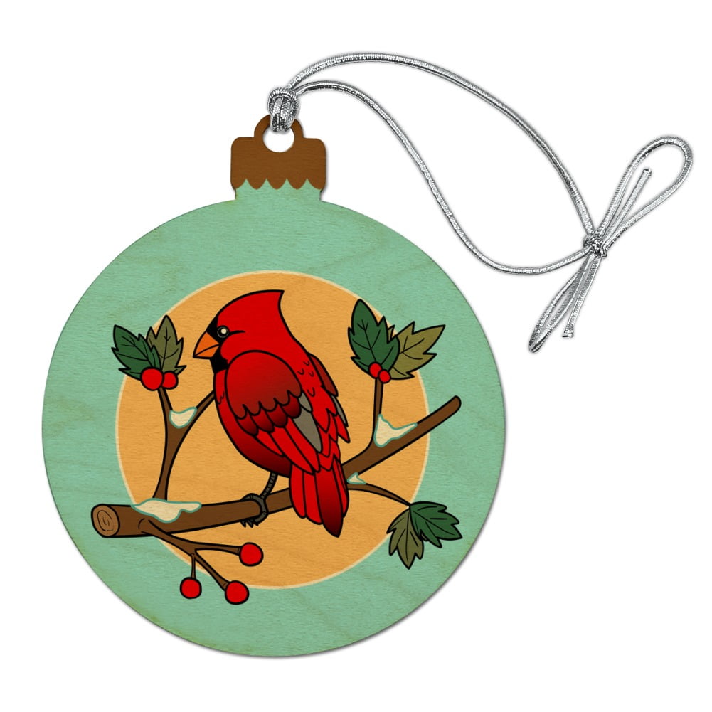 Red Cardinal on Snowy Holly Branch Wood Christmas Tree Holiday Ornament ...