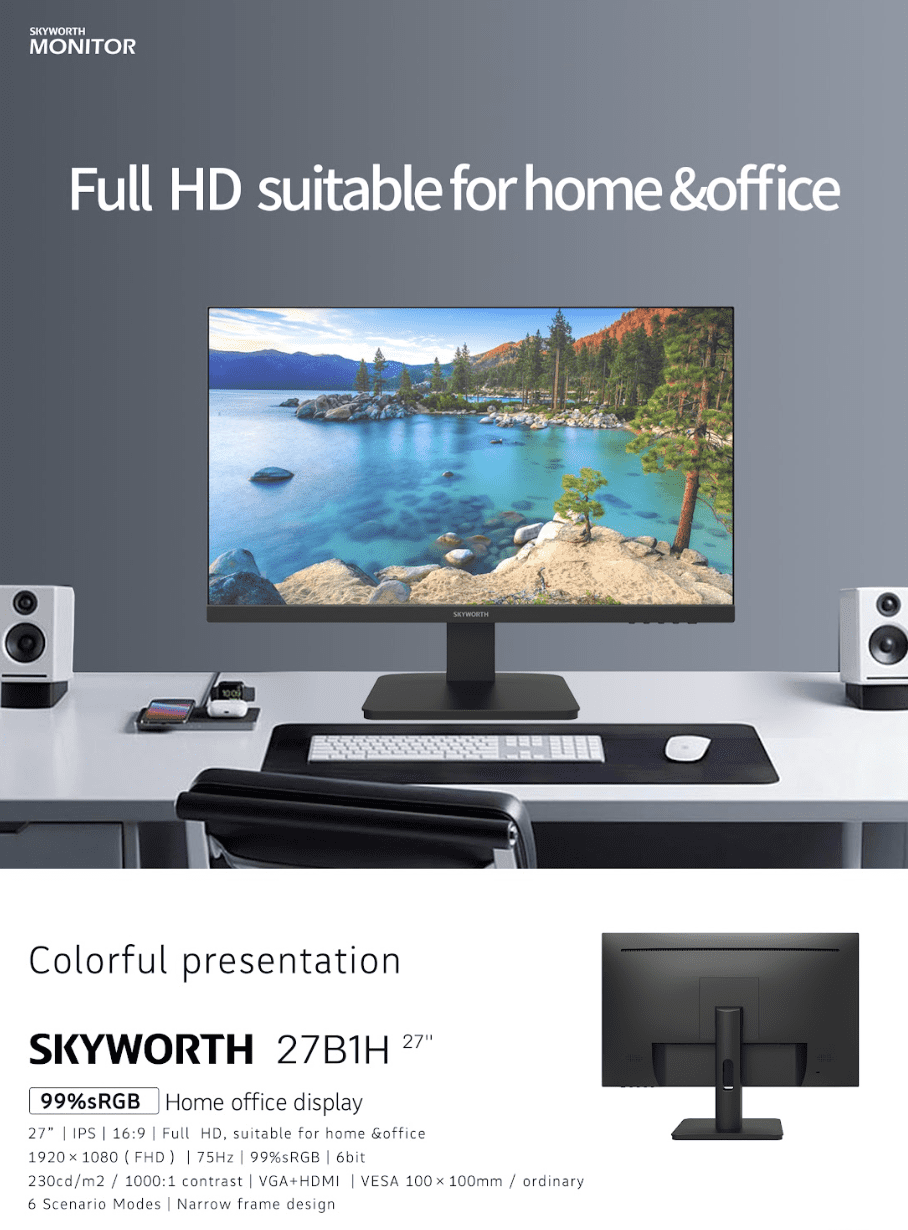 Skyworth 27 inch Monitor Full HD 1080p 75Hz, 8bit 99% sRGB Widescreen ...