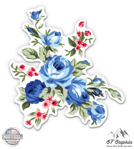 Vintage Blue Flowers Floral Design - 3" Vinyl Sticker - For Car Laptop ...