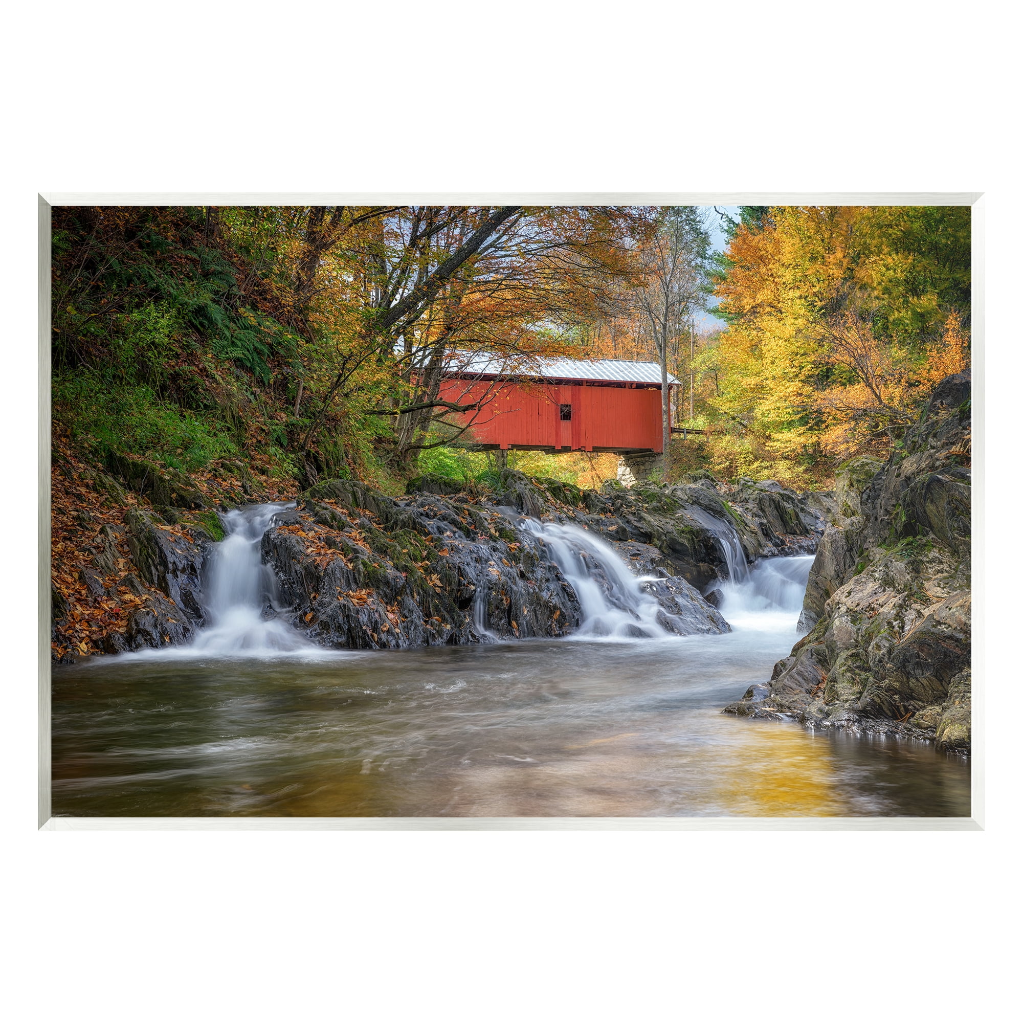 Stupell Bridge Waterfalls Flowing River Foliage Landscape Photography ...