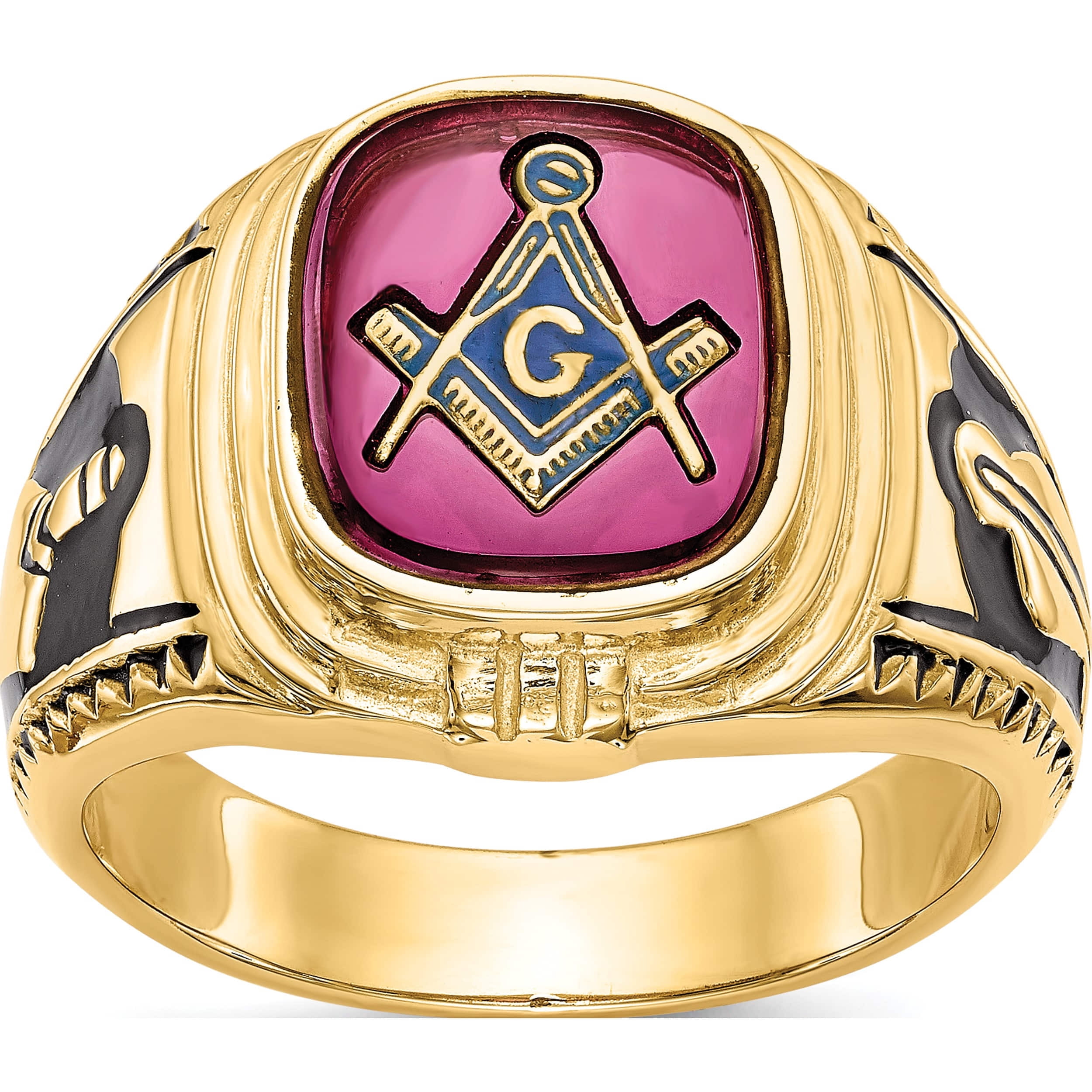 14K Yellow Gold Men's Synthetic Ruby Masonic Ring (Size 10) Made In ...