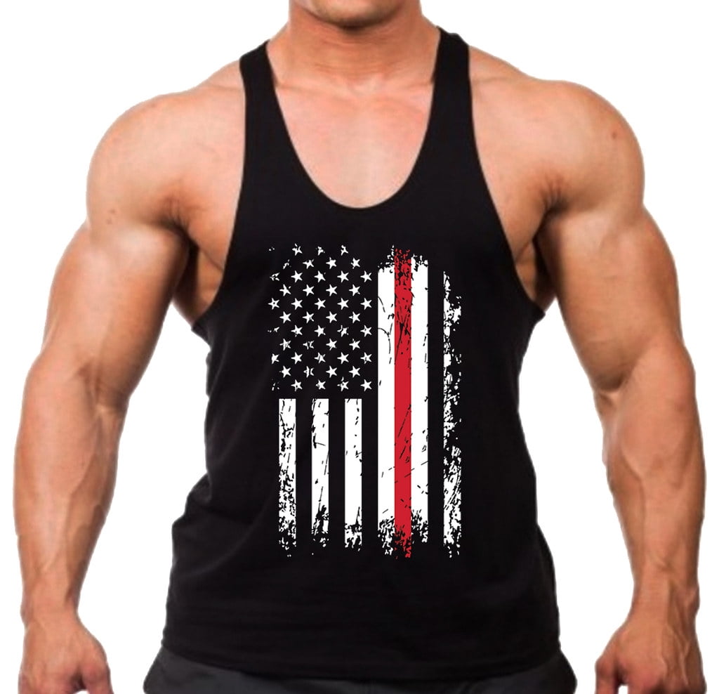 Men's Firefighter Thin Redline USA Flag Black Stringer Tank Top Medium ...