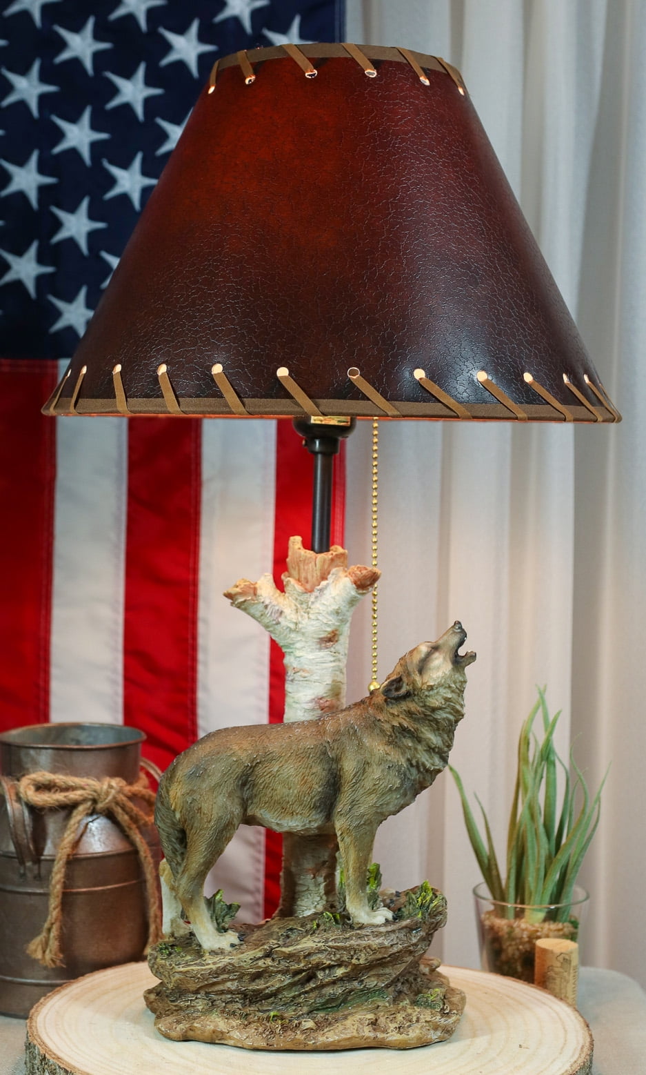 Rustic Wildlife Grey Wolf Howling By Birchwood Tree Table Lamp With ...