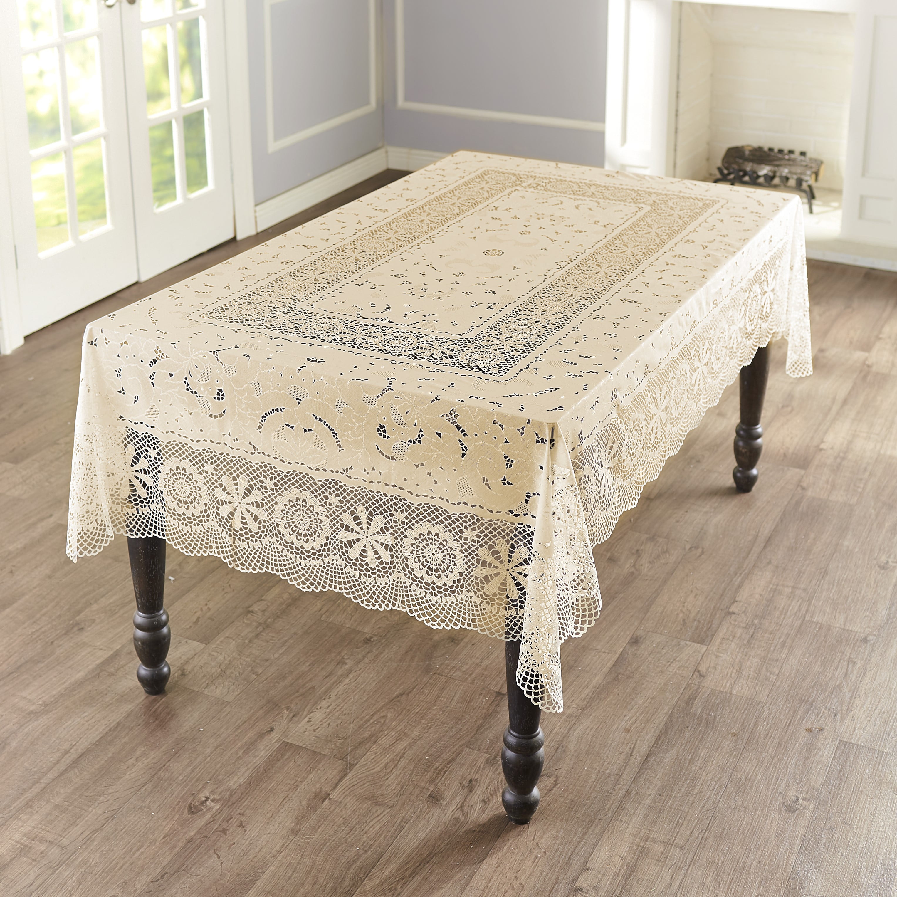 Vinyl Lace Tablecloth With Vintage Floral Design Rectangular Ivory 60