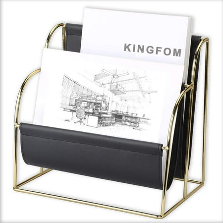 Plated Metal Wire and Premium Faux Leather Magazine Holder Rack, 2-Slot ...