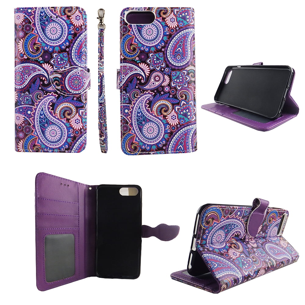 Purple Paisley Wallet Folio Case for Iphone 7 7s Plus Fashion Flip PU ...