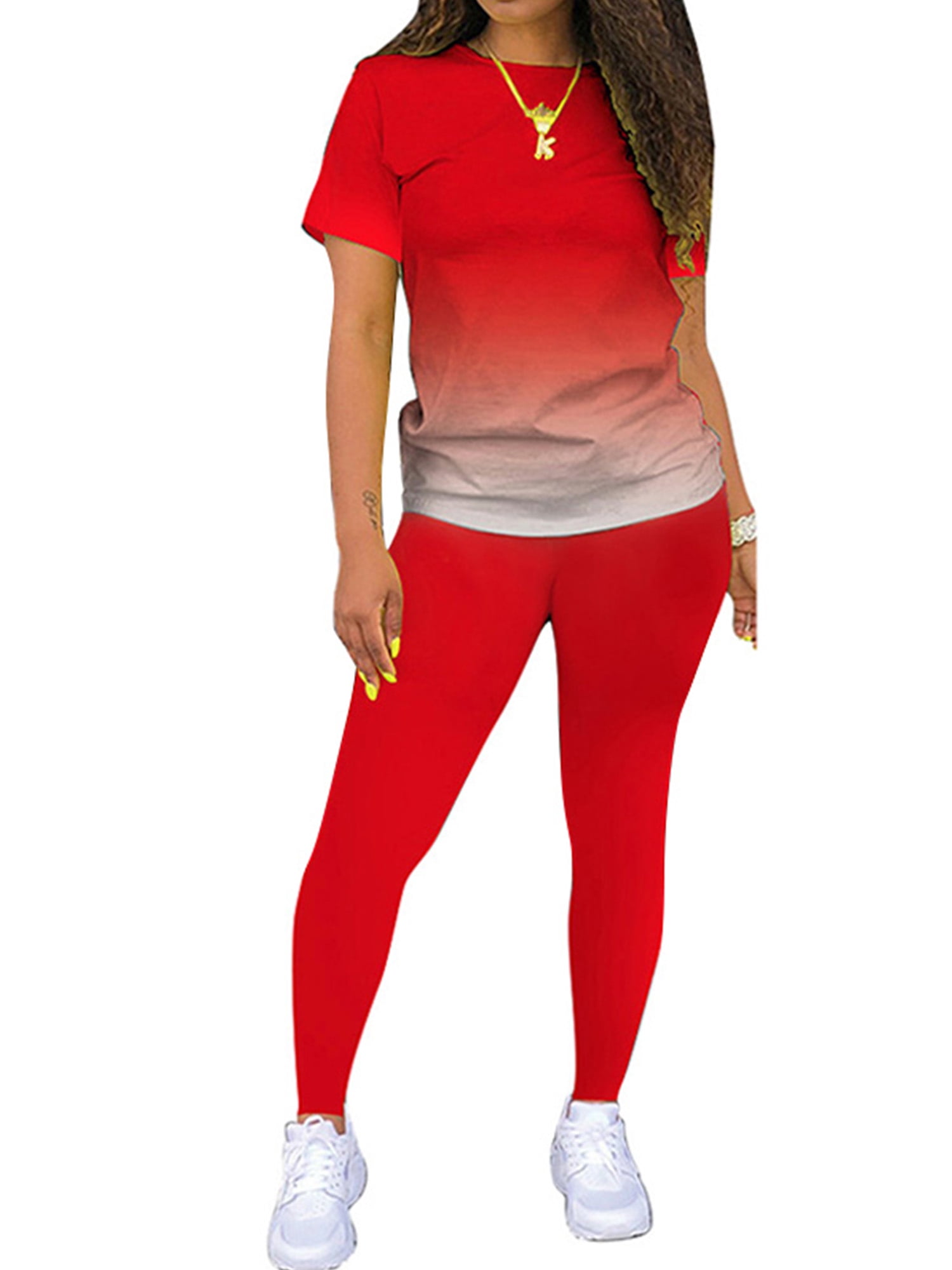 Cindysus Women Workout Set Short Sleeve Tops Long Pants 2 Piece Outfit ...