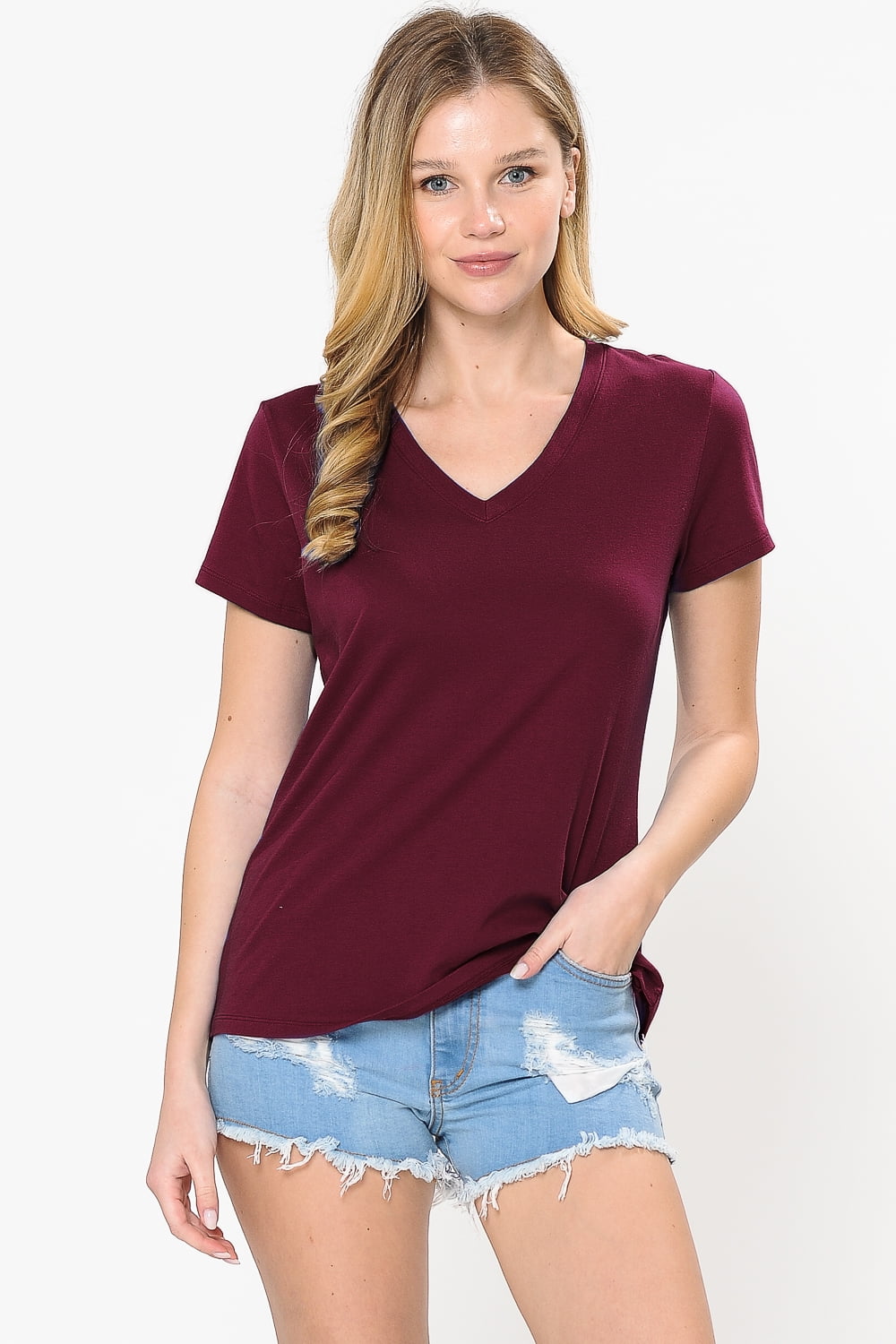 Women's Elastic Basic Summer Lightweight Tee Shirt Cap Sleeve V Neck ...