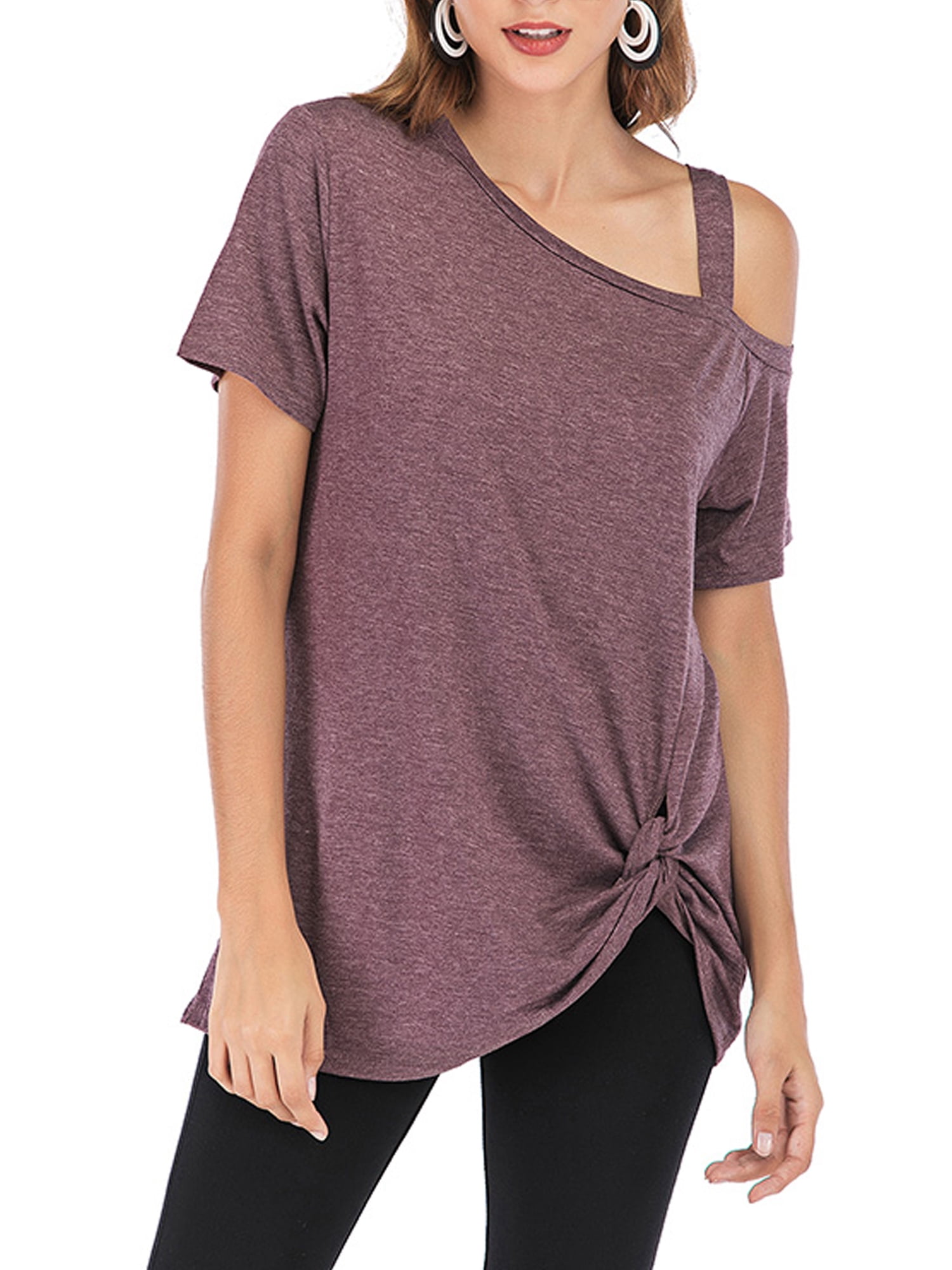 Tinglu Women Top Tees Side Twist Knotted Tops Casual Tunic Basic Shirts ...