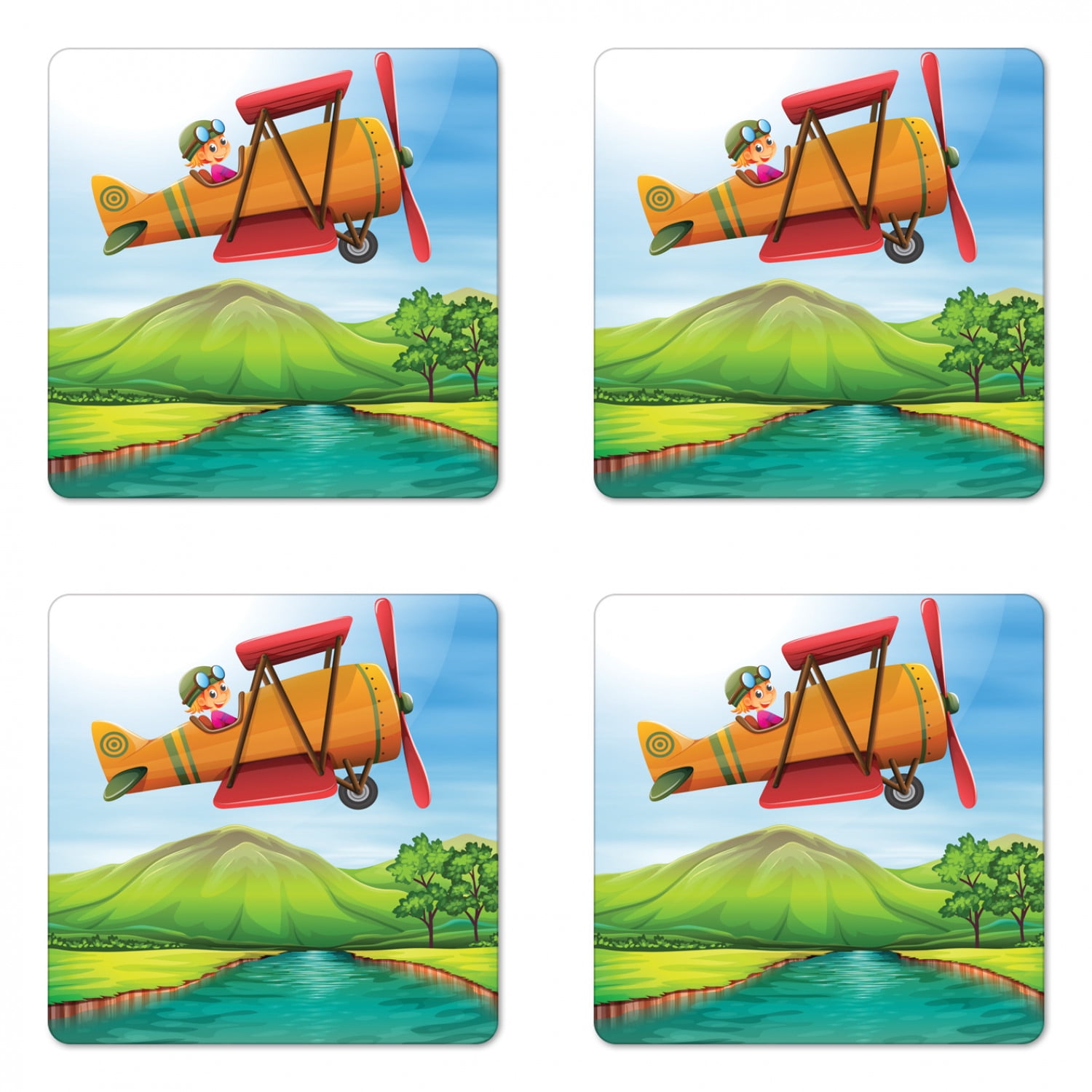 Nursery Airplane Coaster Set of 4, Child Girl Flying Biplane over the ...