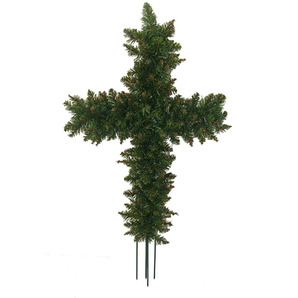 22" Green Pine Artificial Cross Shape Wreath with Ground Stakes - Unlit ...