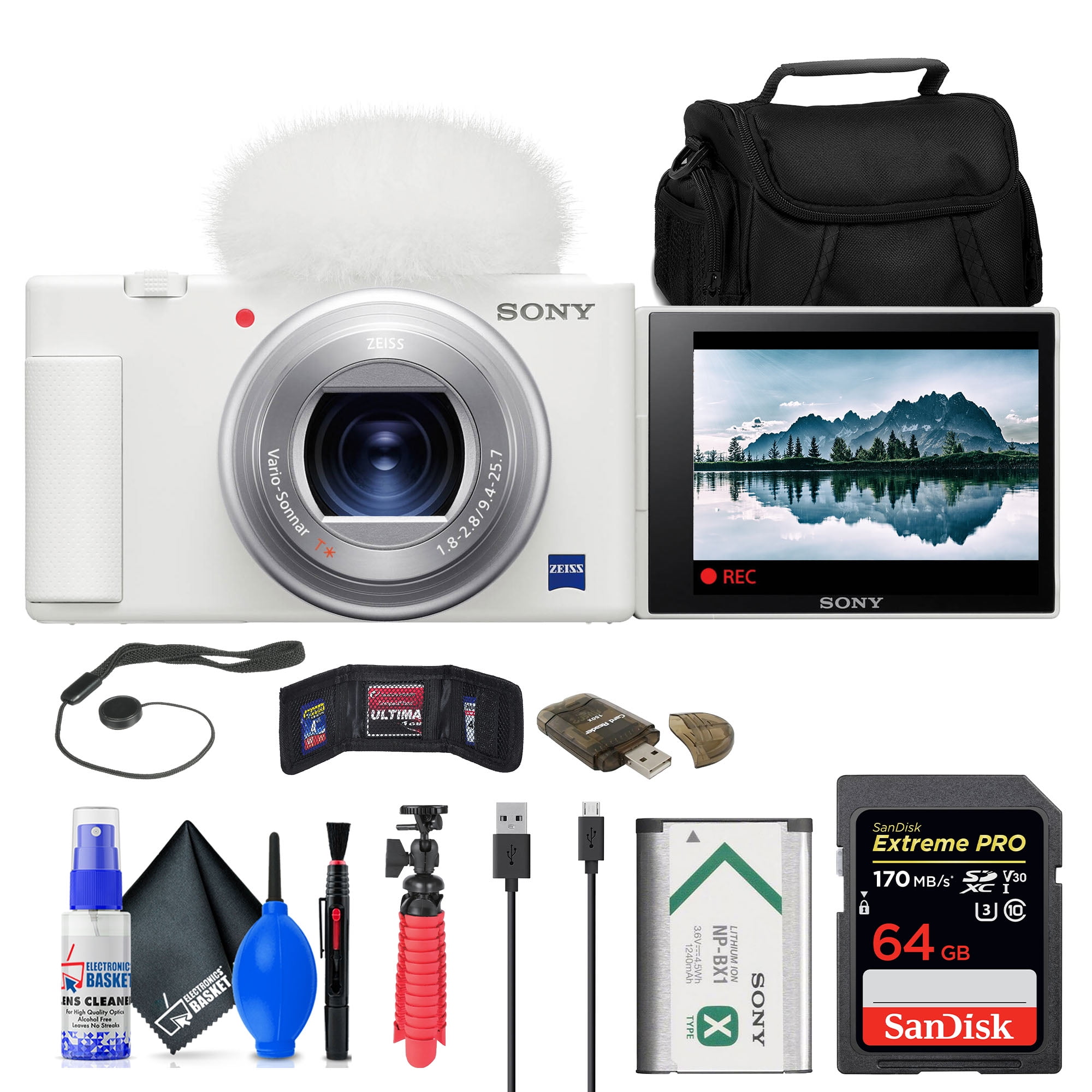 Sony ZV-1 Digital Camera (White) (DCZV1/W) + 64GB Memory Card + Case ...