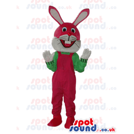 Red And White Rabbit Plush SPOTSOUND Mascot Wearing Red Overalls ...