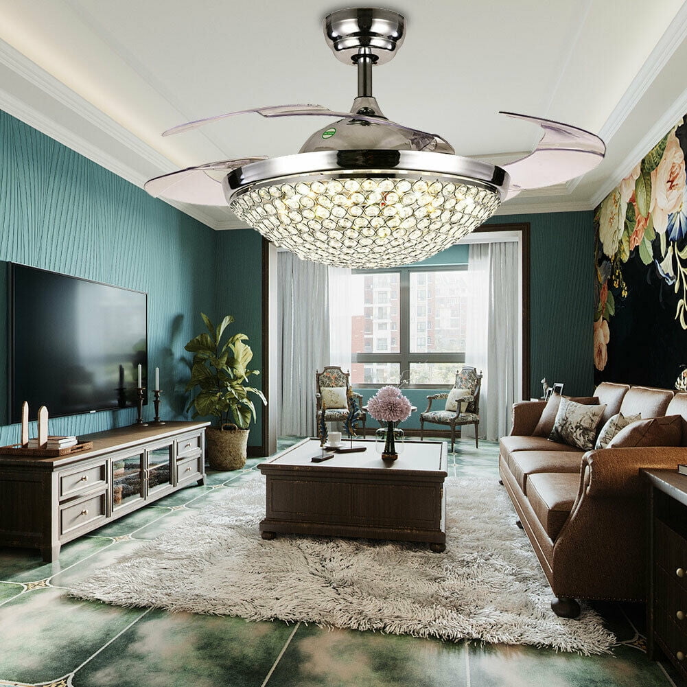 42" Chandelier Ceiling Fan LED Home light Crystal Hanging Lamp, 3 ...