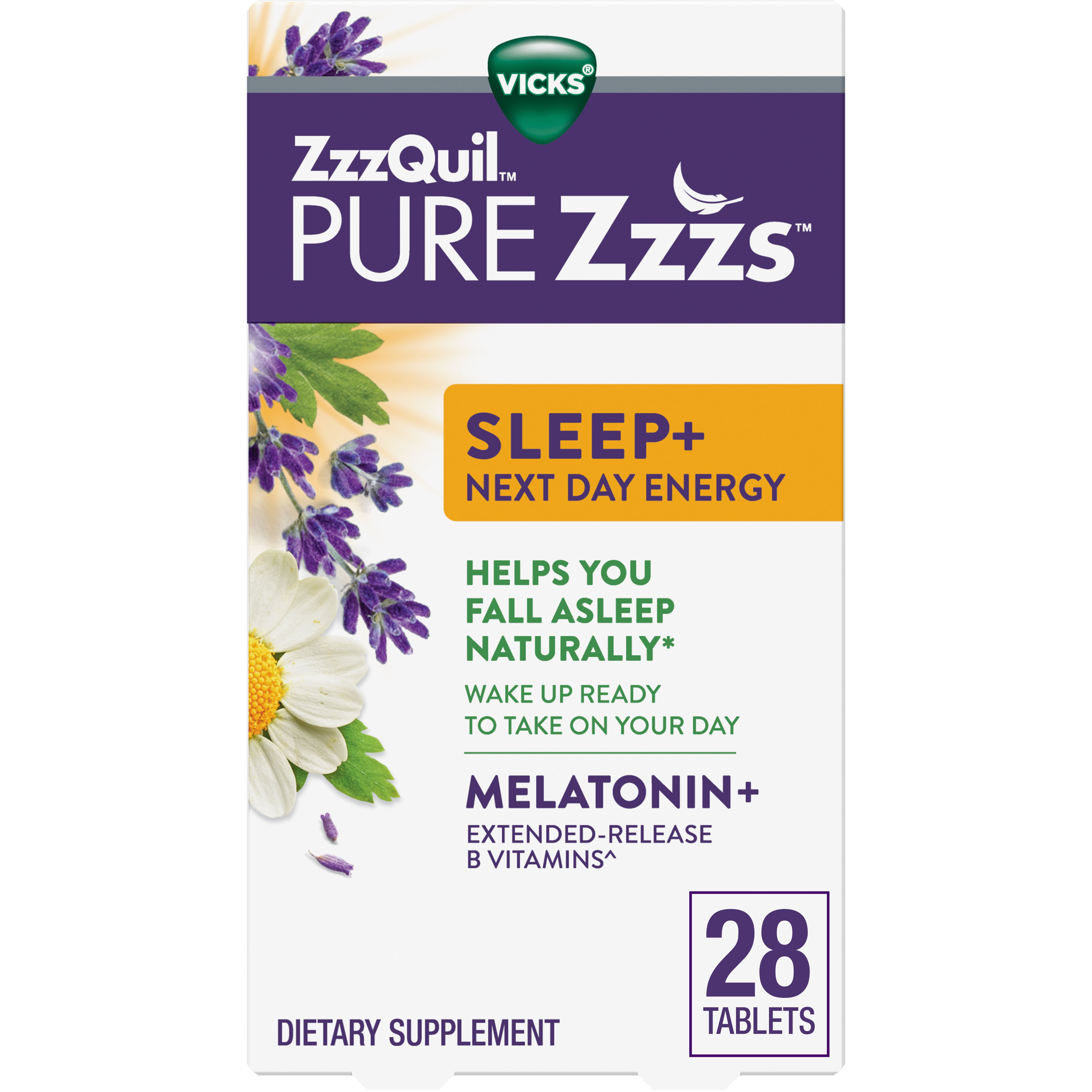 Vicks ZzzQuil PURE Zzzs Sleep+ Next Day Energy Melatonin, Extended ...