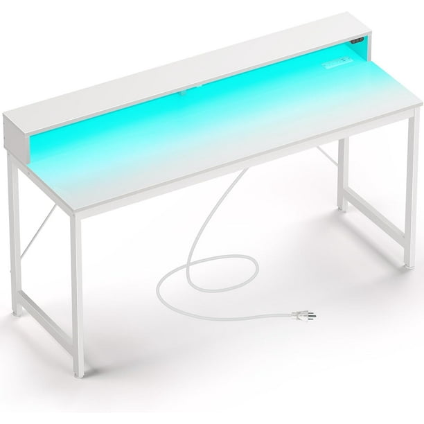 Computer Desk 59" with LED Lights & Power Outlets, Home Office Desk ...