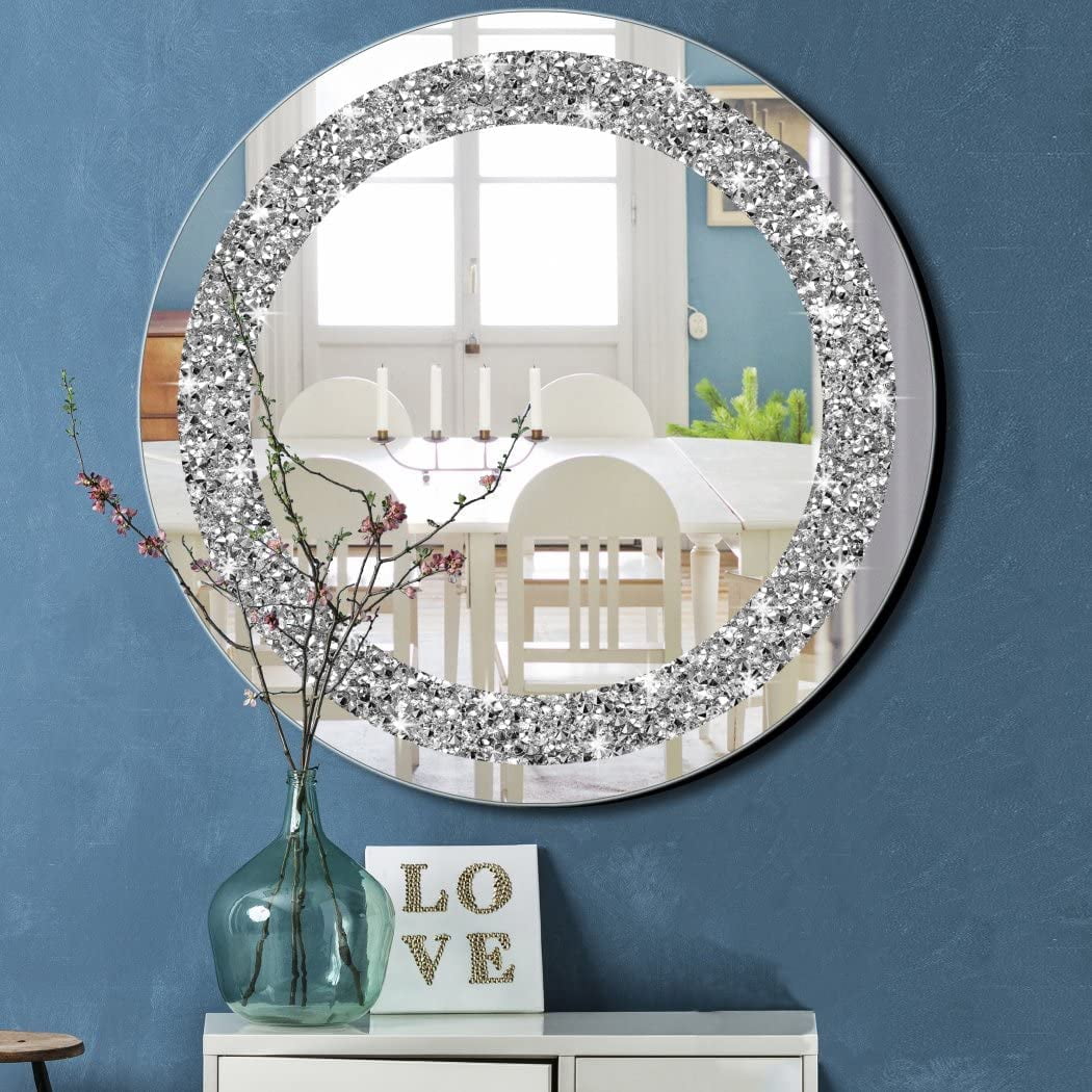 Crystal Crush Diamond Sparkly Round Silver Mirror for Wall Decoration ...