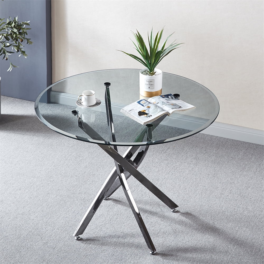 Cfowner Modern Round Glass Dining Table with Tempered Glass Top and ...