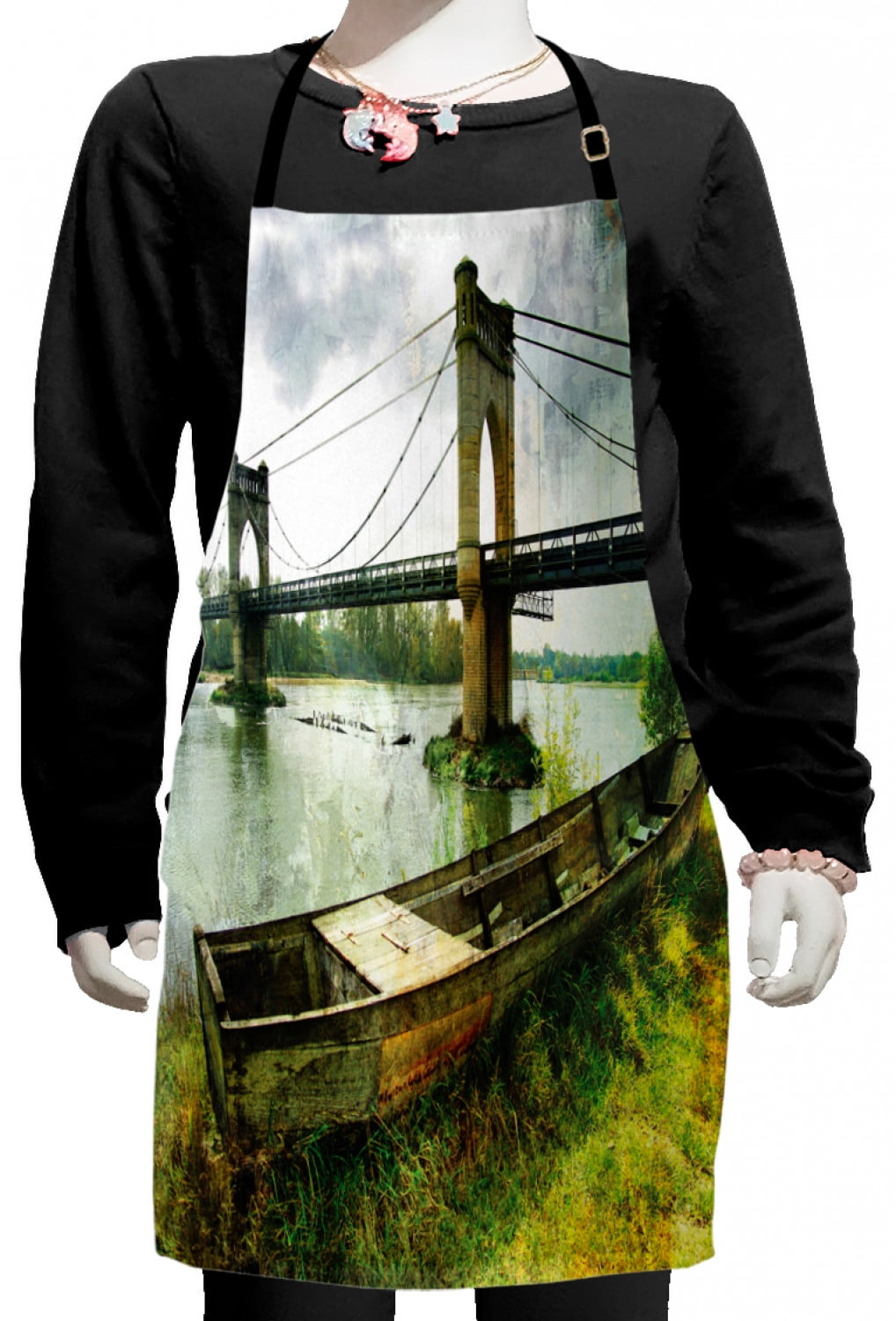Landscape Kids Apron, Bridge and Old Boat on Riverside Distressed Paint ...