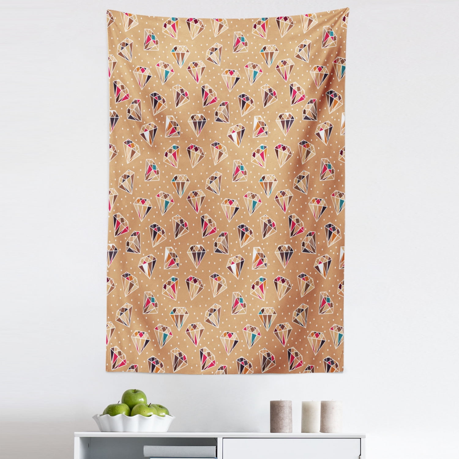 Retro Tapestry, Colorful Diamond Gemstone Shapes on a Pale Brown ...
