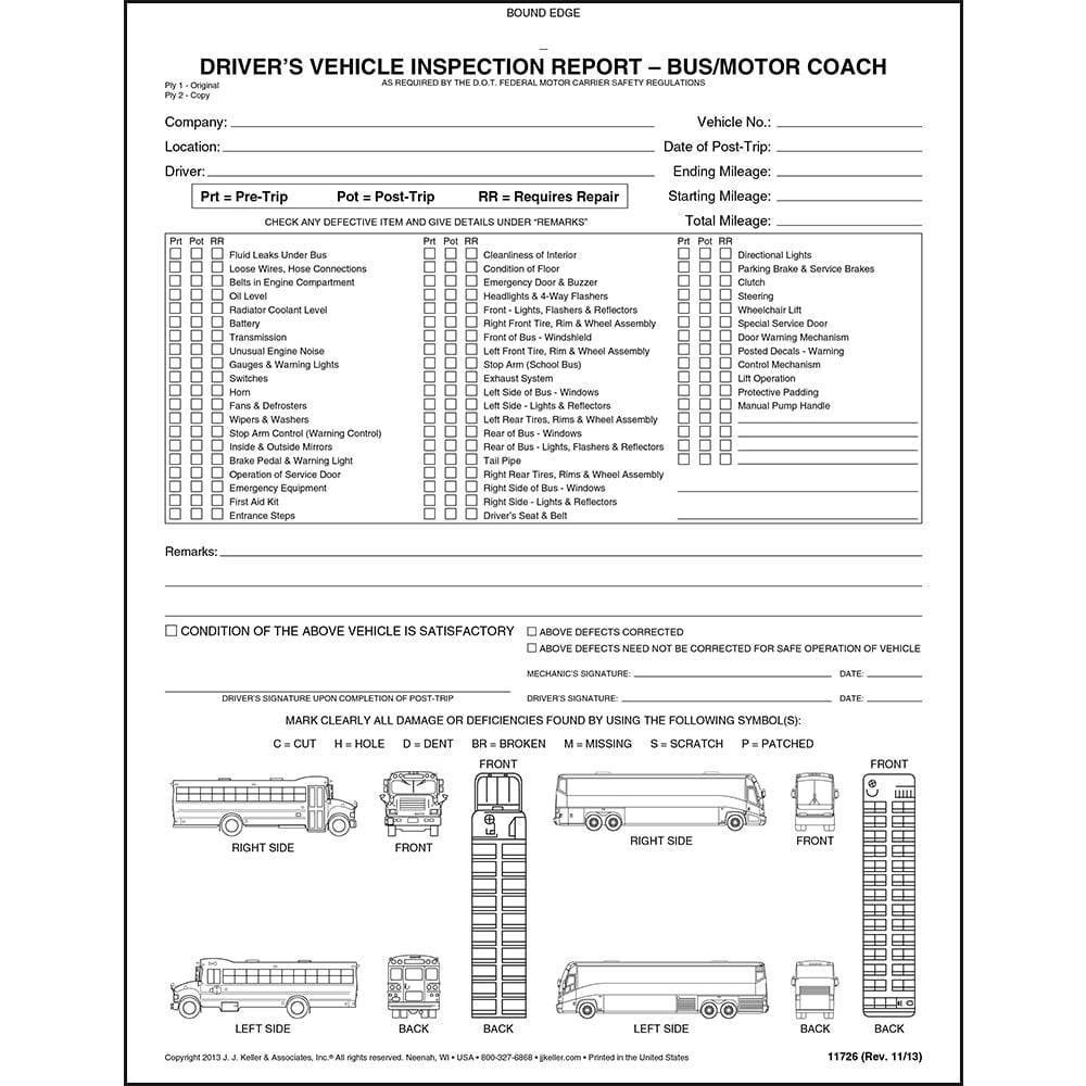 Detailed Driver's Vehicle Inspection Report with Bus & Motor Coach ...