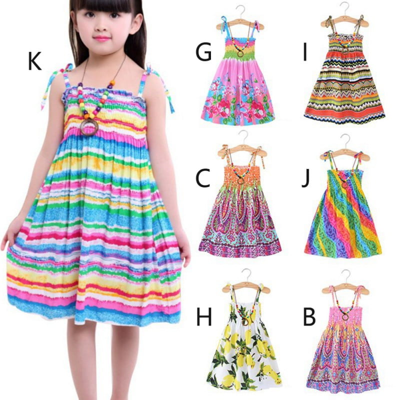 Kids Girls Bohemian Beach Dress Floral Sleeveless Rainbow Boho Beach ...