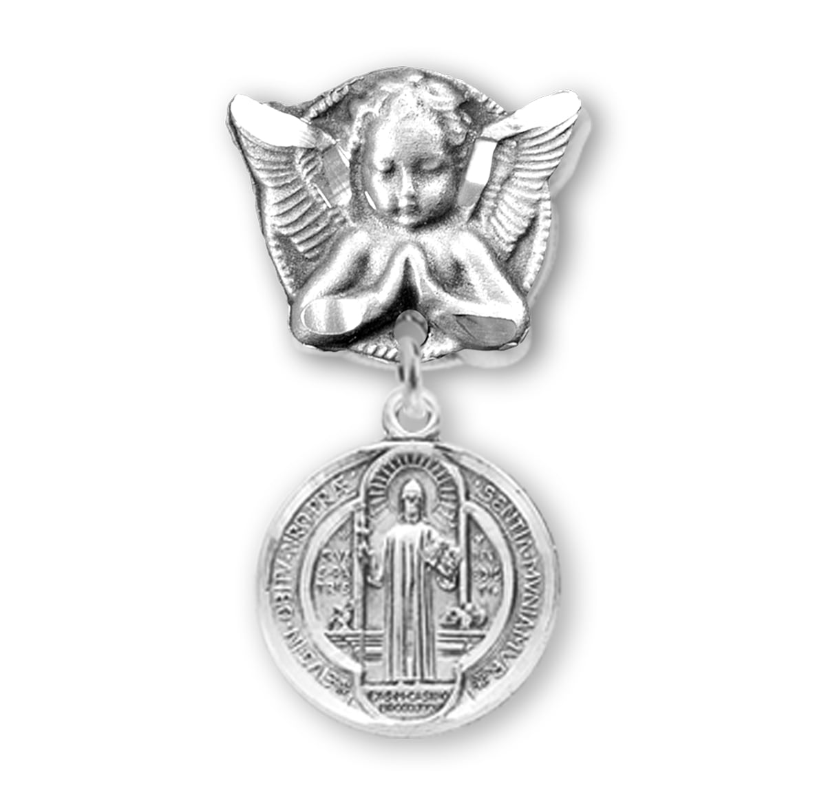 Saint Benedict Round Medal on an Angel Pin | Dimensions: 1.0" x 0.5 ...