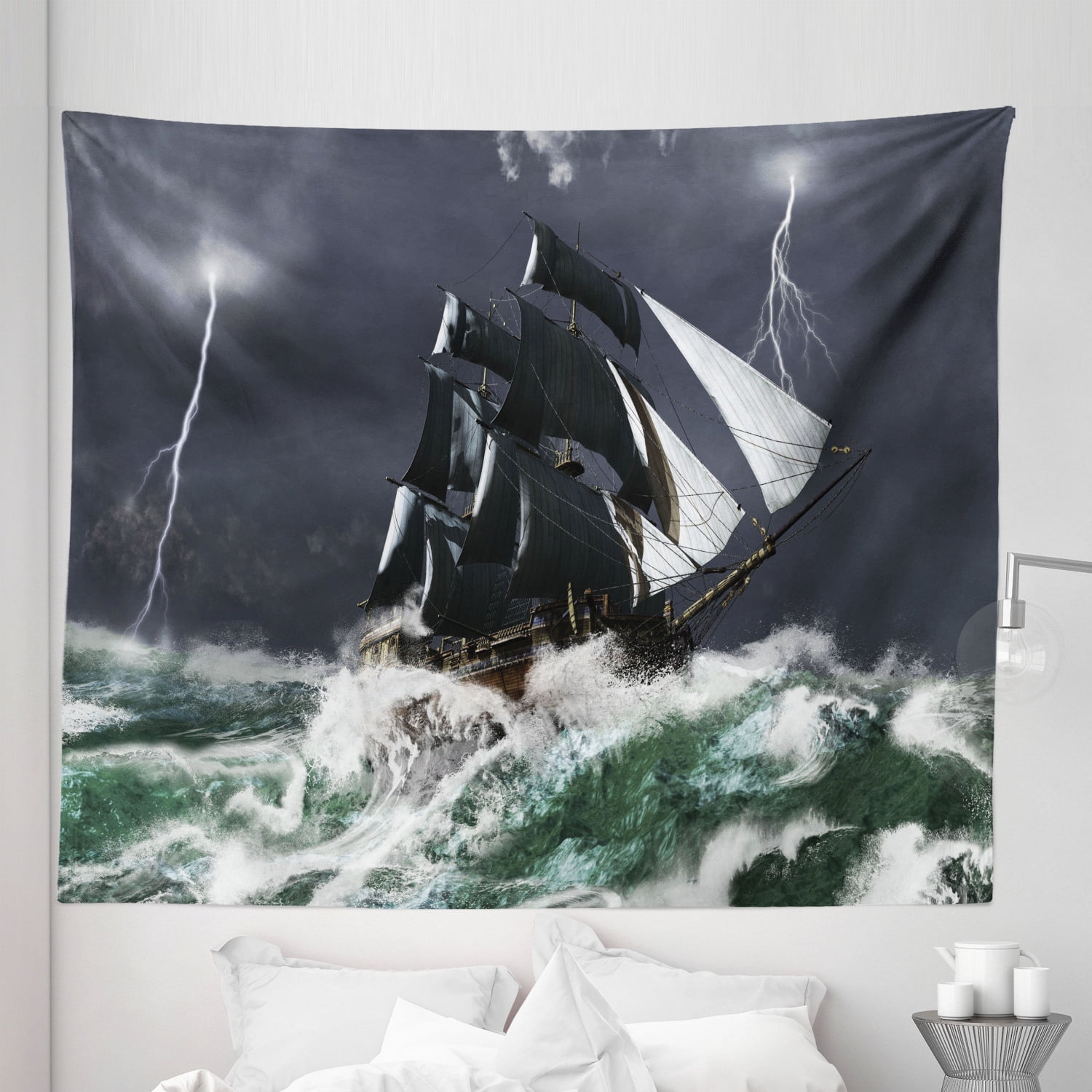 Nautical Tapestry, Big Ship on Wavy Ocean in a Stormy Weather with ...