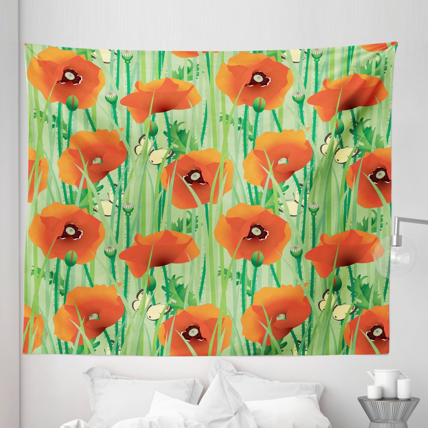 Spring Tapestry, Scarlet Poppy Flowers Field with Butterflies ...